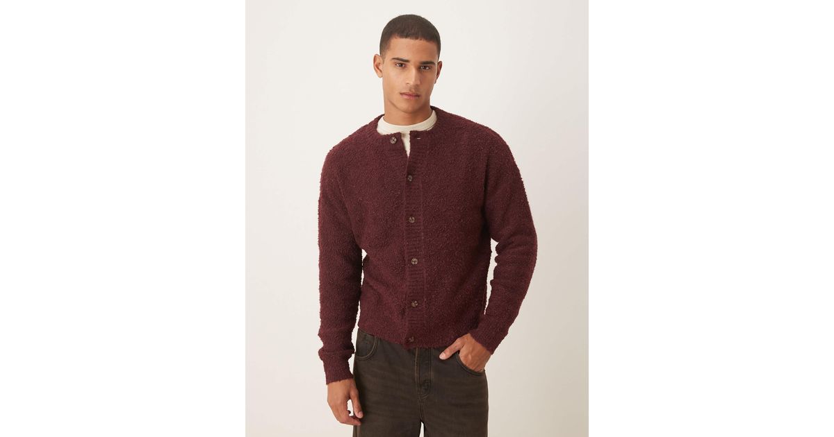 ASOS Relaxed Knit Boucle Crew Neck Cardigan in Red for Men | Lyst