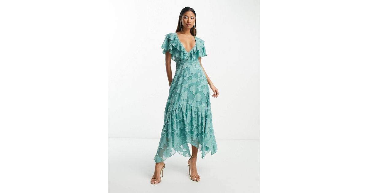 ASOS V-front V-back Ruffle Midi Dress With Flutter Sleeves And Tie Back ...