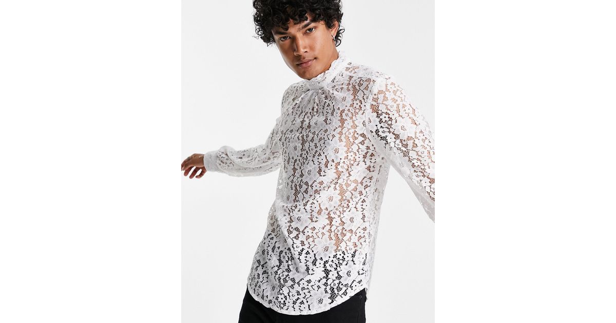 ASOS Overhead Lace Shirt With High Neck in White for Men | Lyst