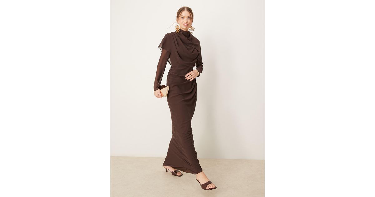 ASOS Draped Long Sleeve Maxi Dress in Brown | Lyst