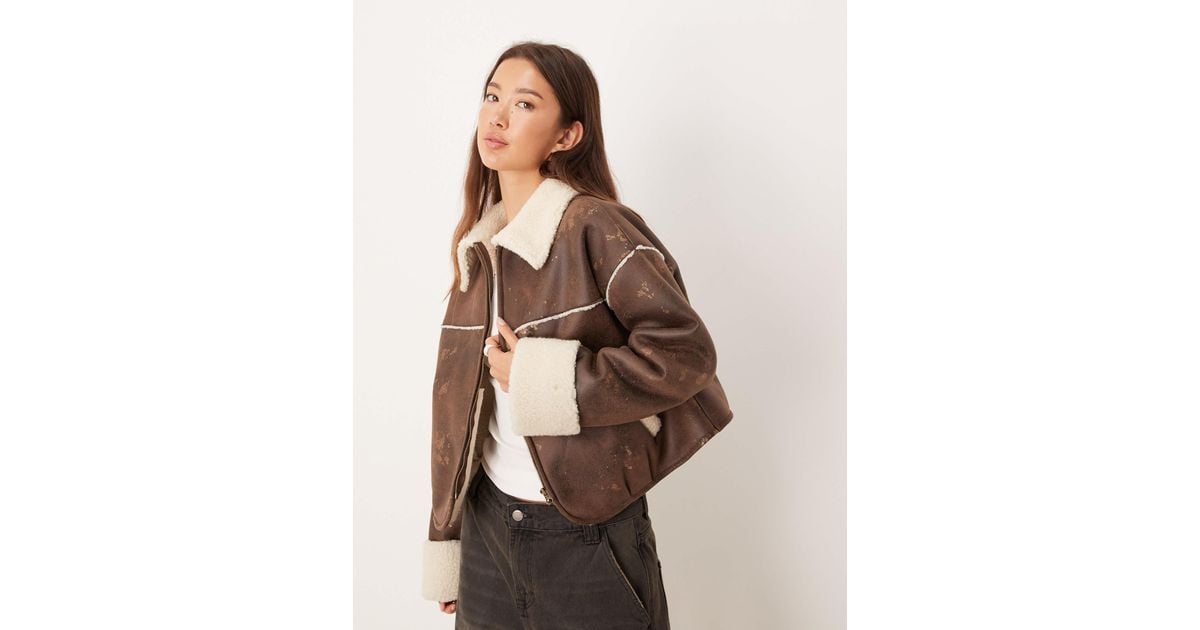 ASOS Bonded Borg Fleece Zip Through Cropped Jacket in Brown | Lyst