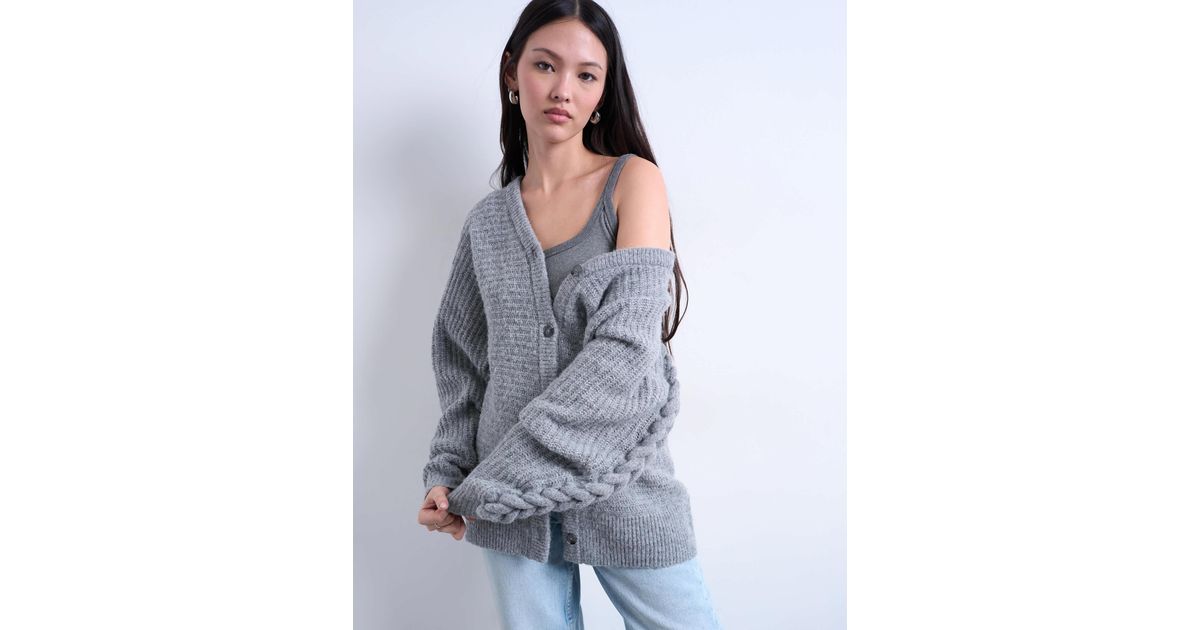 TOPSHOP Knitted Oversized Cable Sleeve Slouchy Cardigan in Gray | Lyst
