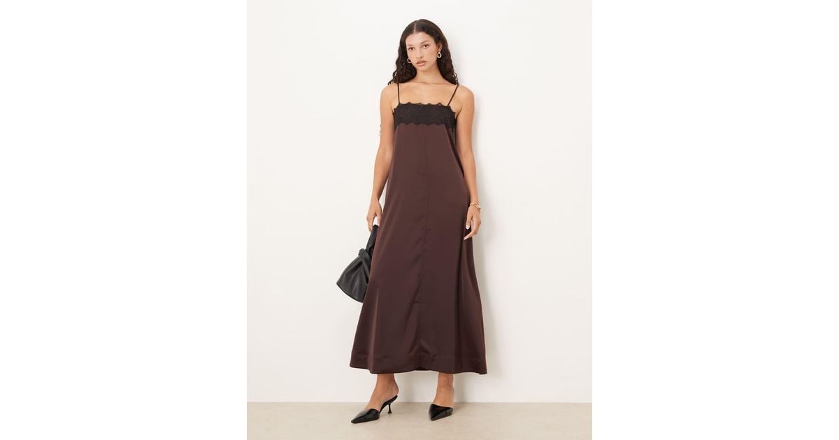 ASOS Lace Overlay Cami Satin Slip Maxi Dress in Brown | Lyst UK