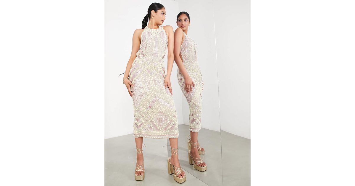 ASOS Pearl And Sequin Embellished Halter Midi Dress in White | Lyst