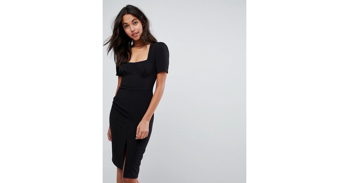 Asos Synthetic Square Neck Puff Sleeve Midi Dress In Black Lyst Australia