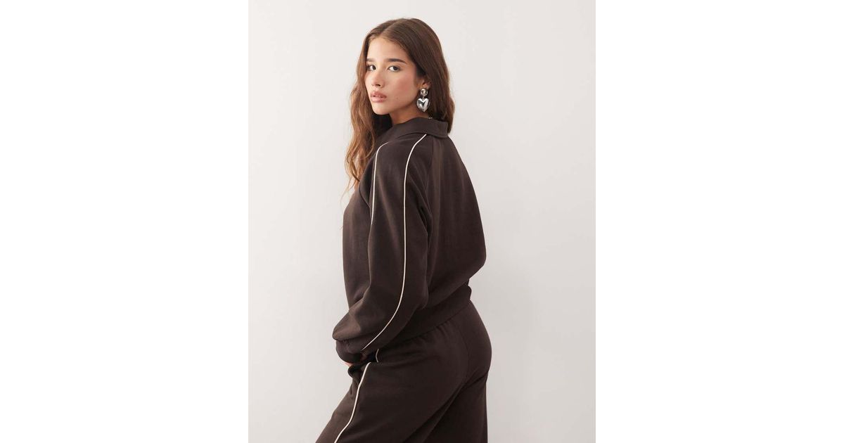 Monki Half Zip Sweatshirt With Beige Piping Detail in Blue | Lyst UK