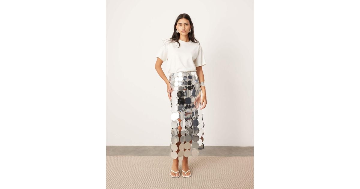 ASOS Embellished Disc Fringe Midi Skirt With Hem Detail in Natural | Lyst