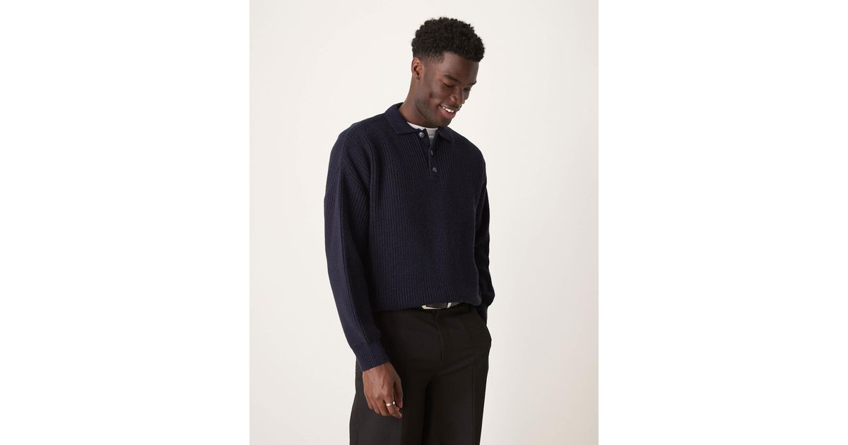 ASOS Oversized Boxy Fit Ribbed Knitted Polo in Blue for Men | Lyst