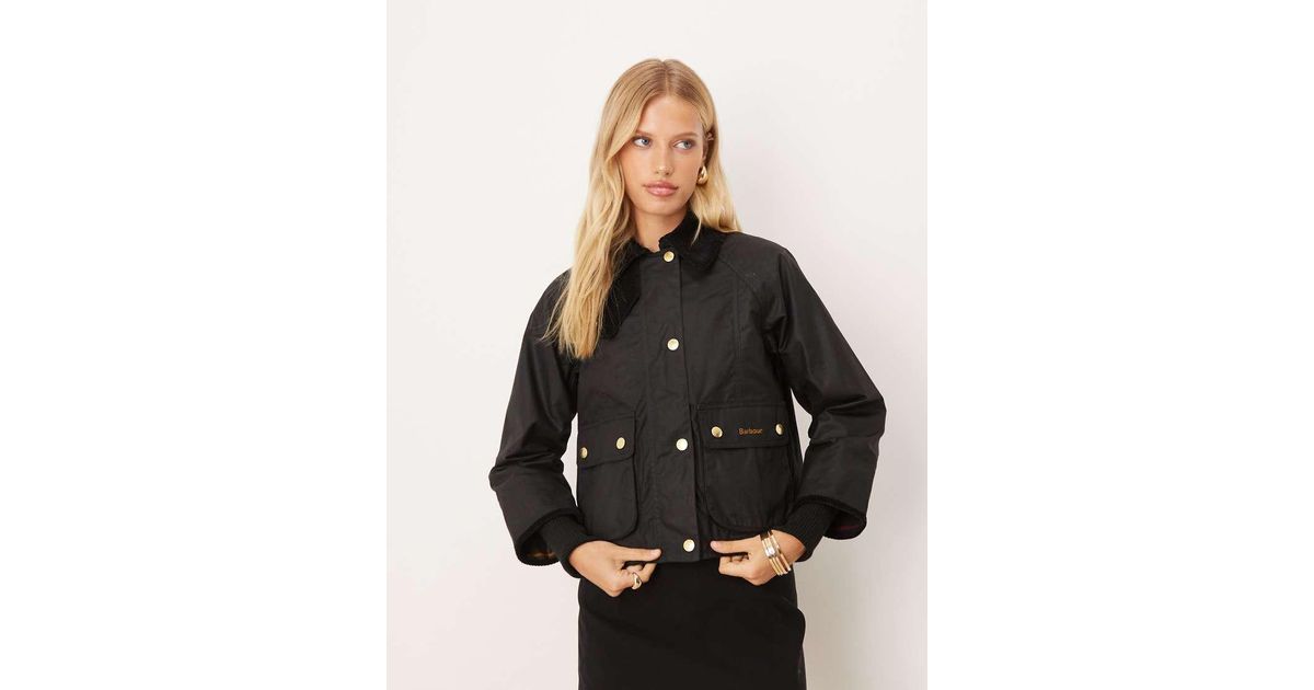 Barbour Cropped Beadnell Wax Jacket in Black | Lyst UK