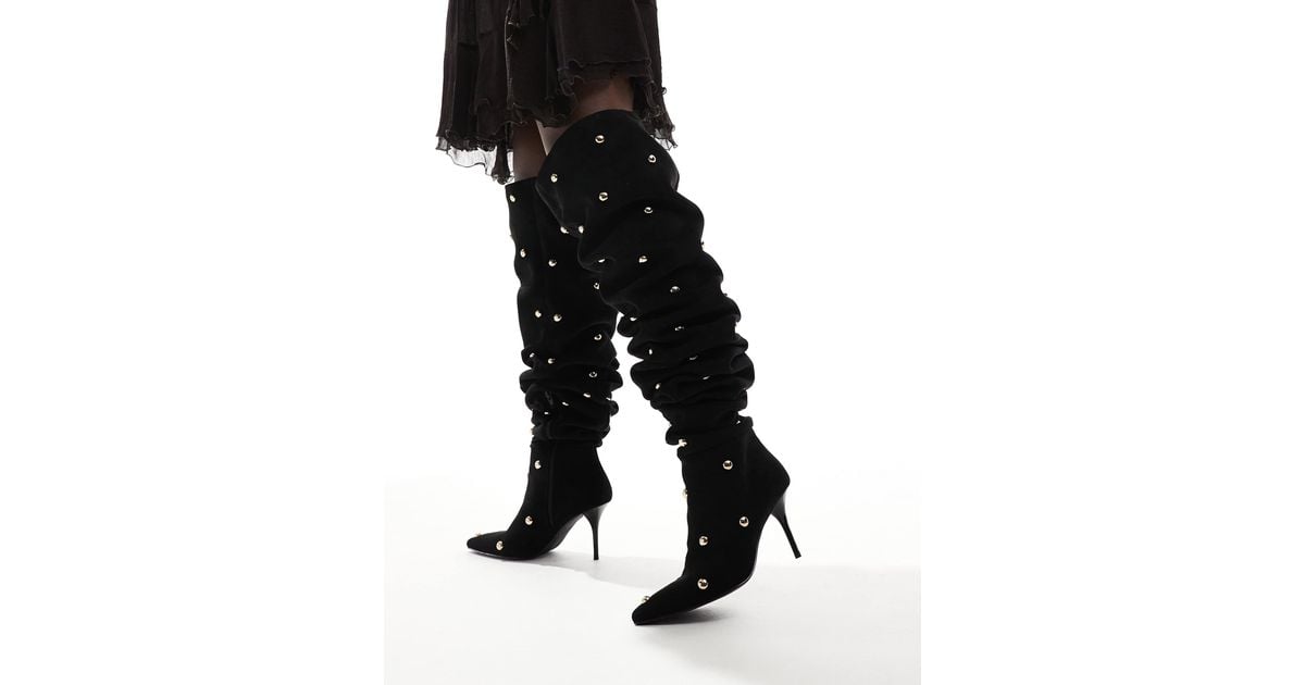 ASOS Karma Studded Heeled Over The Knee Boots in Black | Lyst