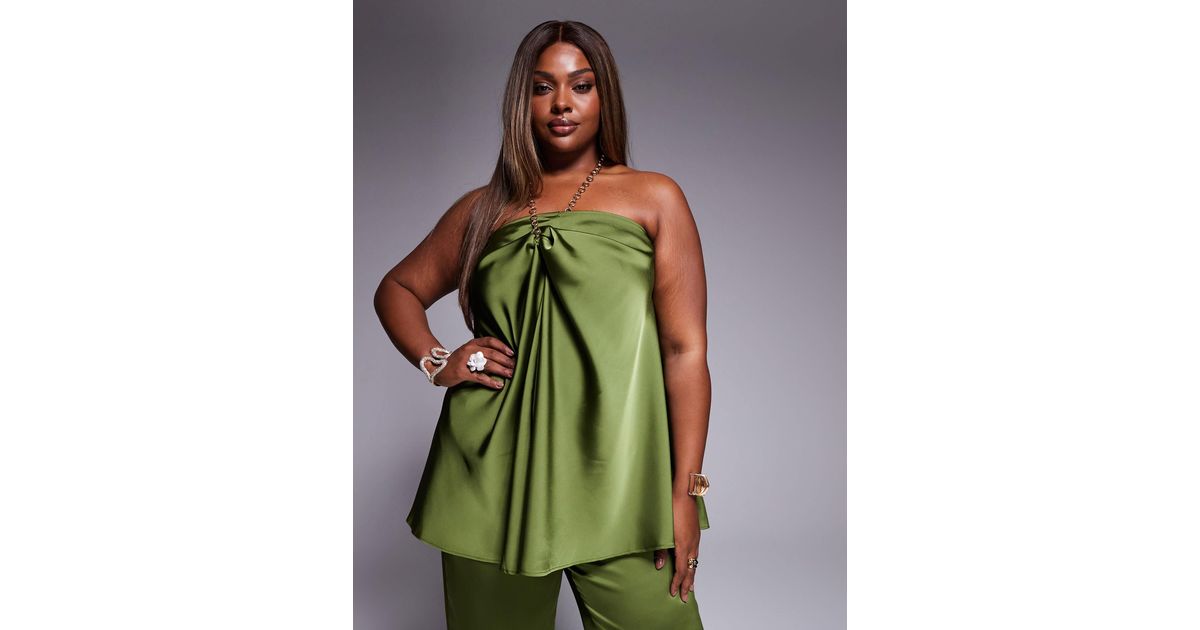 ASOS Asos Design Curve Gold Chain Halter Neck Satin Top Co-ord in Green ...