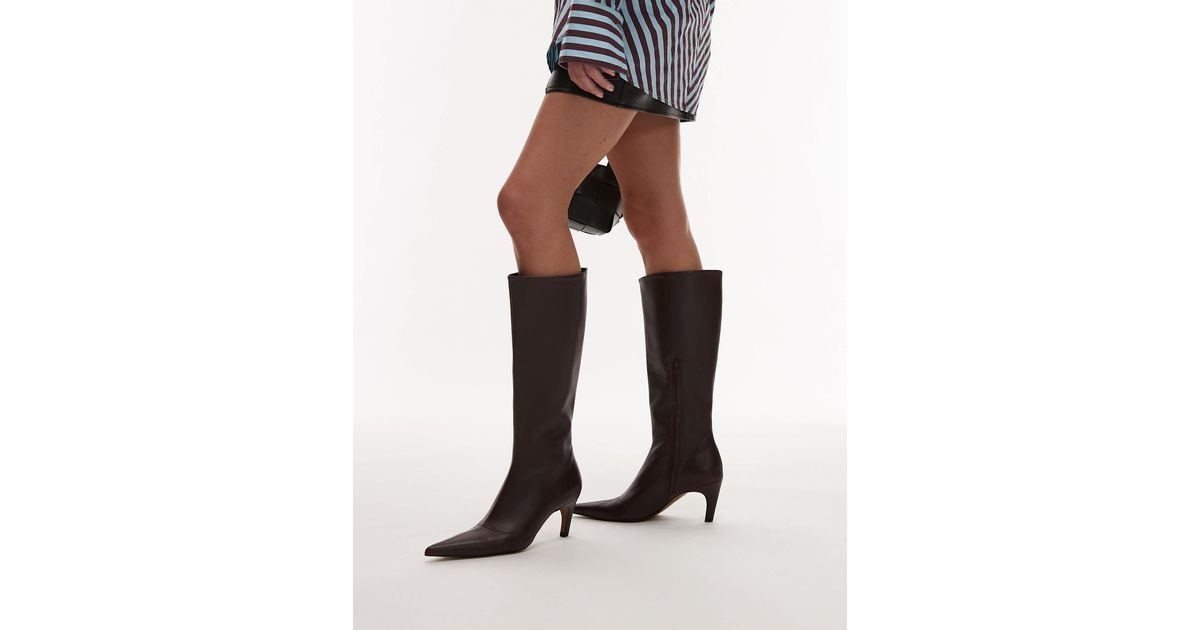 TOPSHOP Premium Sutton Leather Knee High Heeled Boots in Black | Lyst