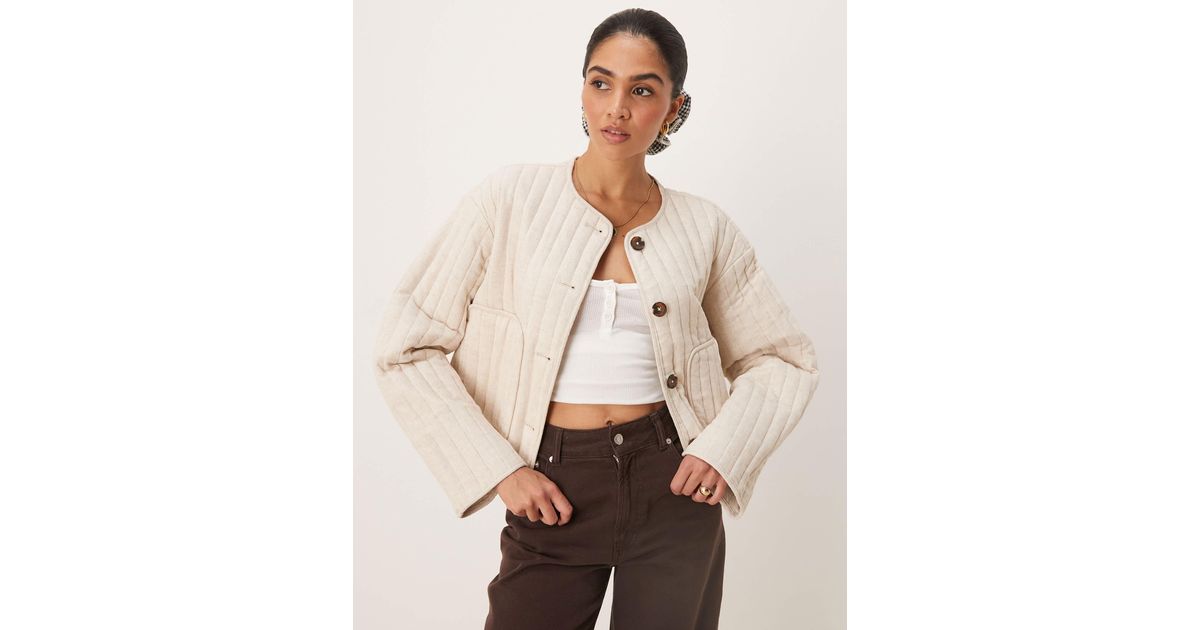 ASOS Linen Crop Collarless Quilted Jacket in Natural | Lyst