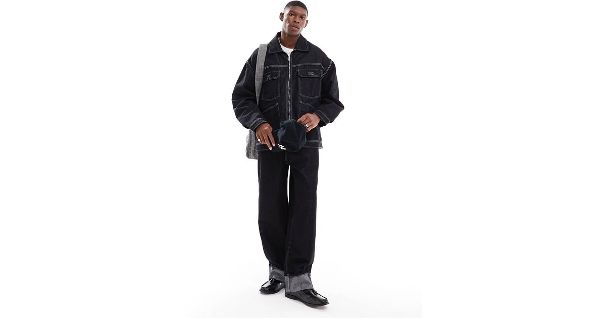 Bershka baggy Carpenter Co-ord Jean With Fold Over Hem in Black for Men ...