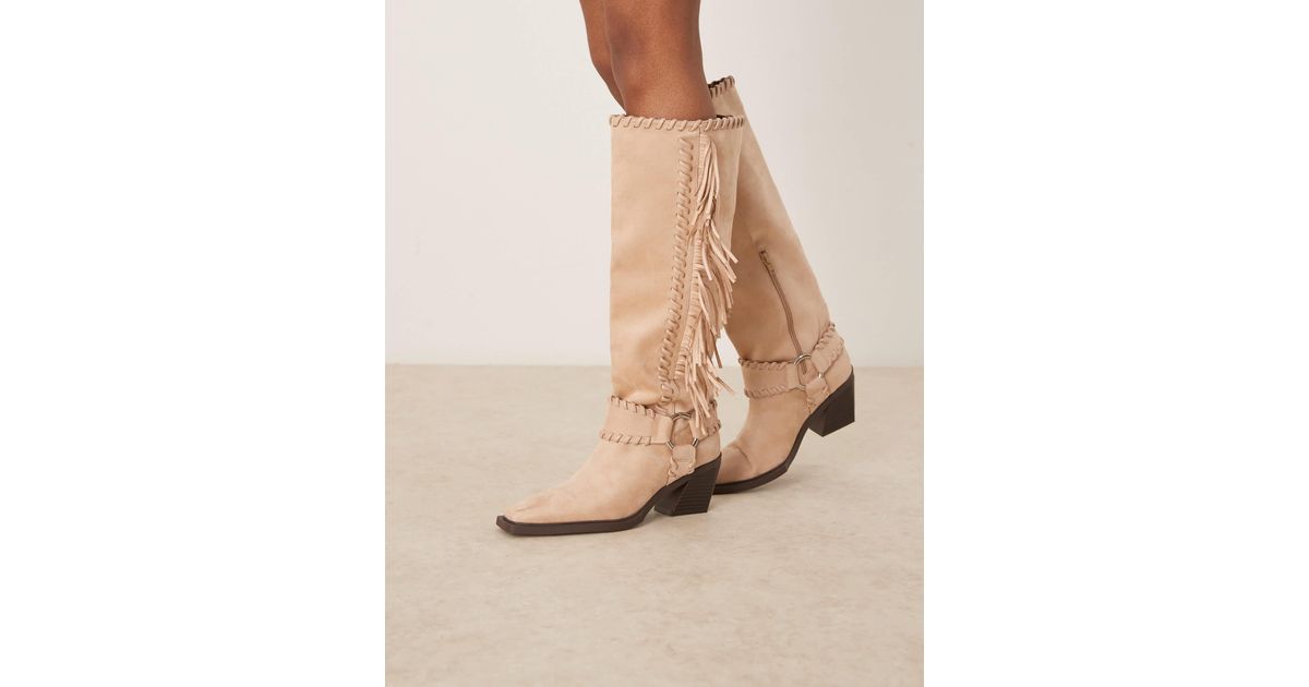ASOS Cristina Western Fringe Knee Boots in Natural | Lyst