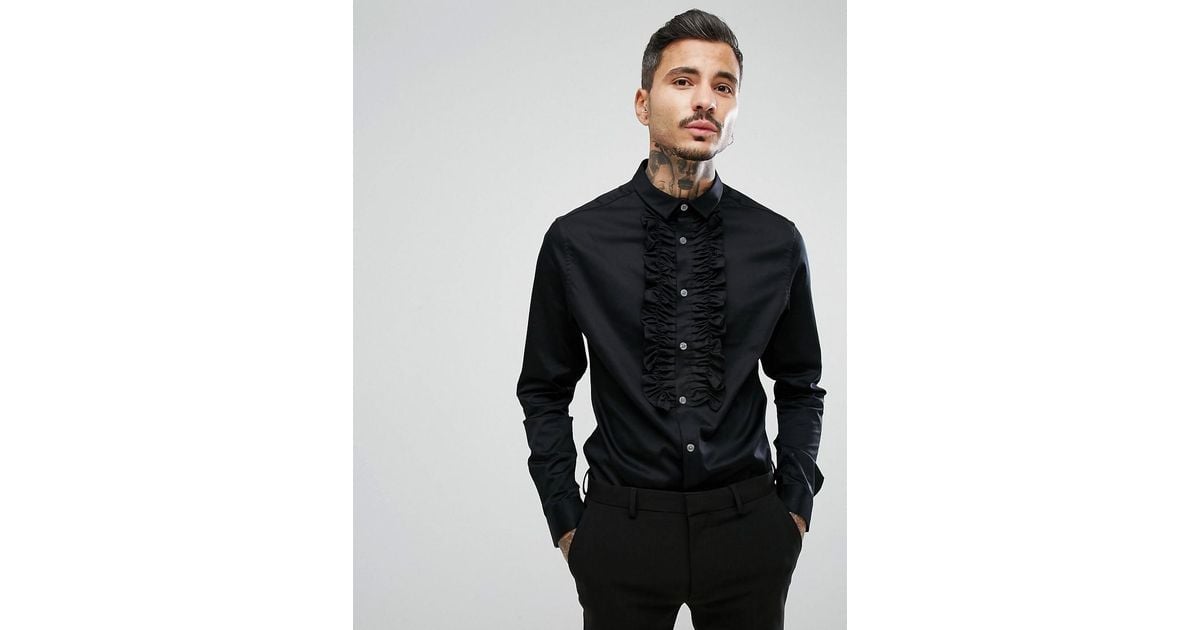 ASOS Skinny Fit Ruffle Front Shirt In Black for Men | Lyst