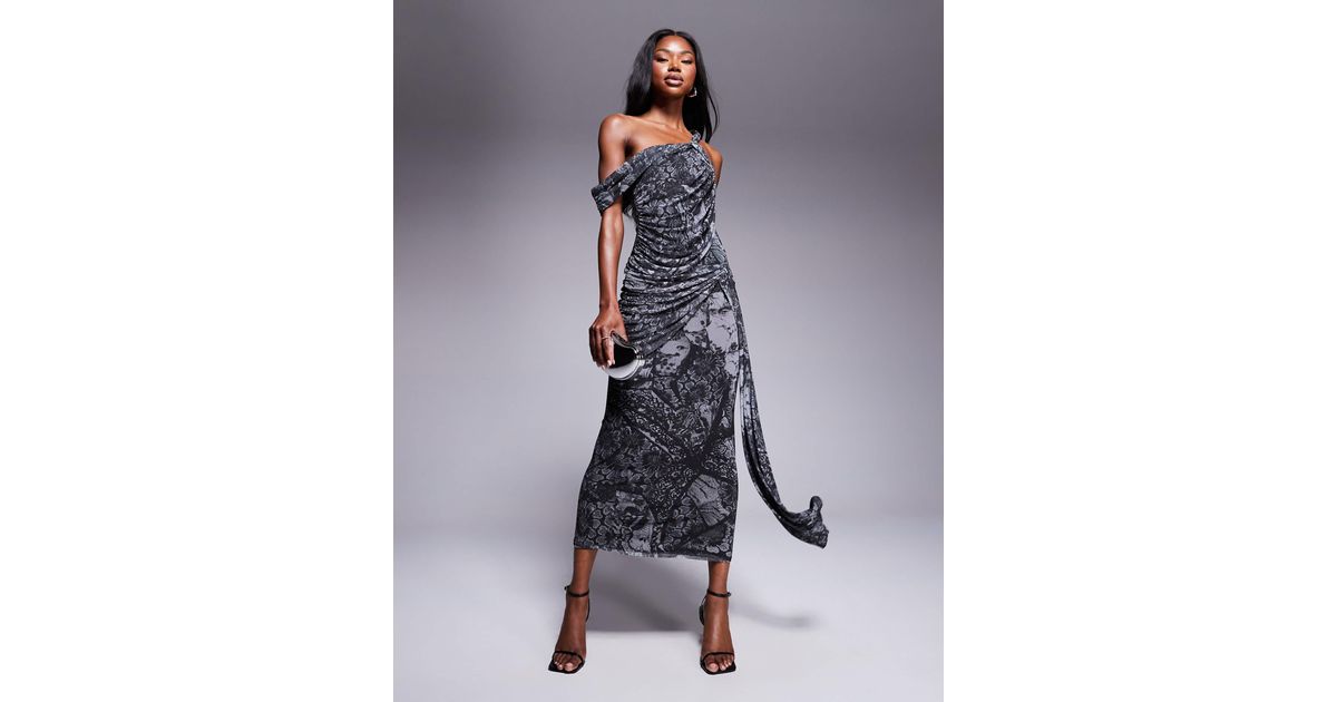 ASOS Mesh Asymmetric Off Shoulder Midi Dress With Hitched Drape Sash in ...