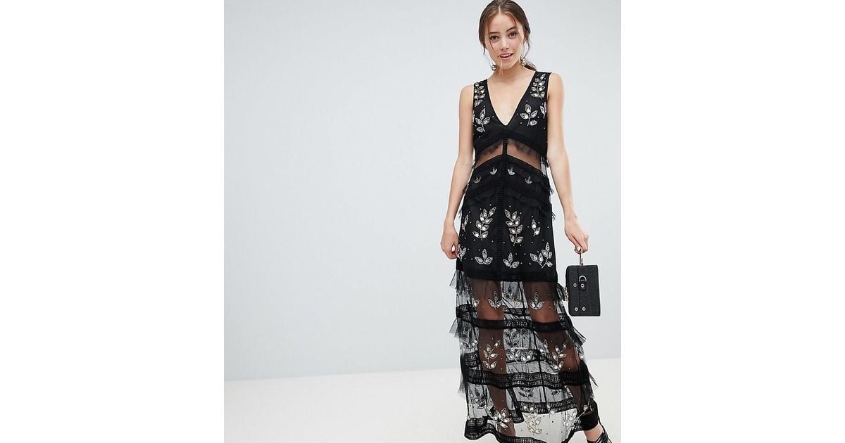 Miss Selfridge Tiered Maxi Dress With Lace Detail In Black Lyst