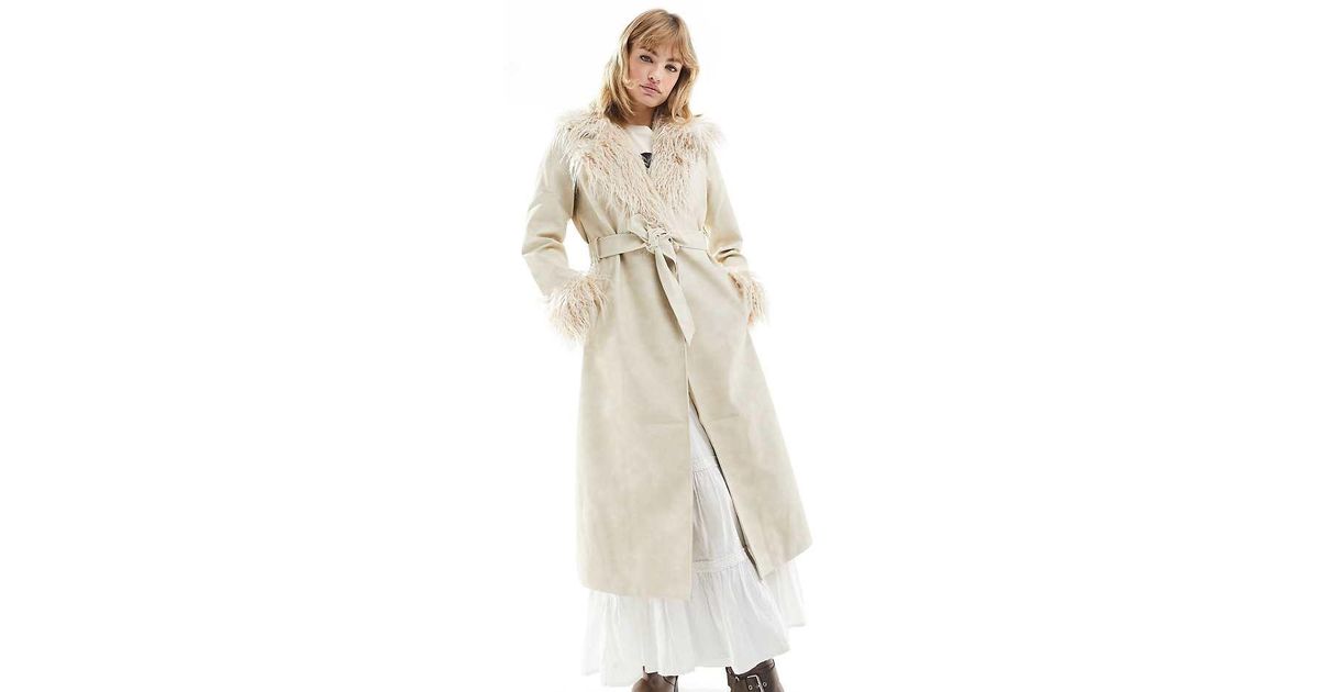 Reclaimed (vintage) Longline Leather Look Trench Coat With Detachable Faux Fur Collar in White ...