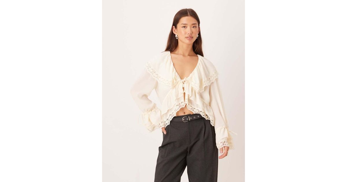 Y.A.S Lace Trim Ruffle Boho Blouse in Natural | Lyst UK