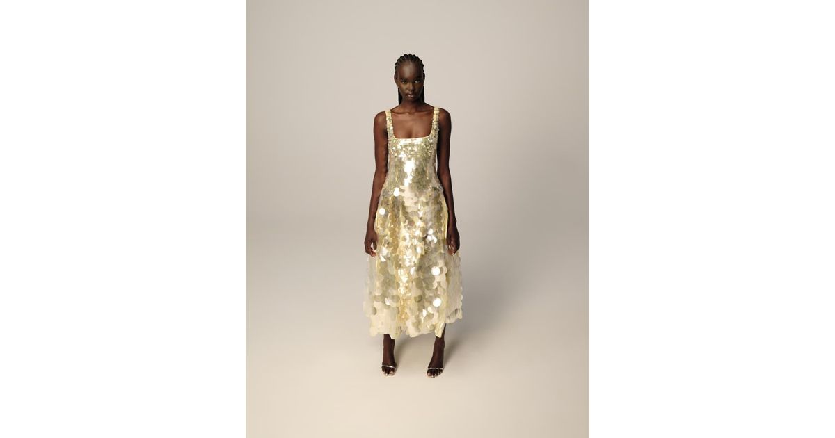 ARRANGE Embellished Disc Sequin Square Neck Full Skirt Midi Dress in ...