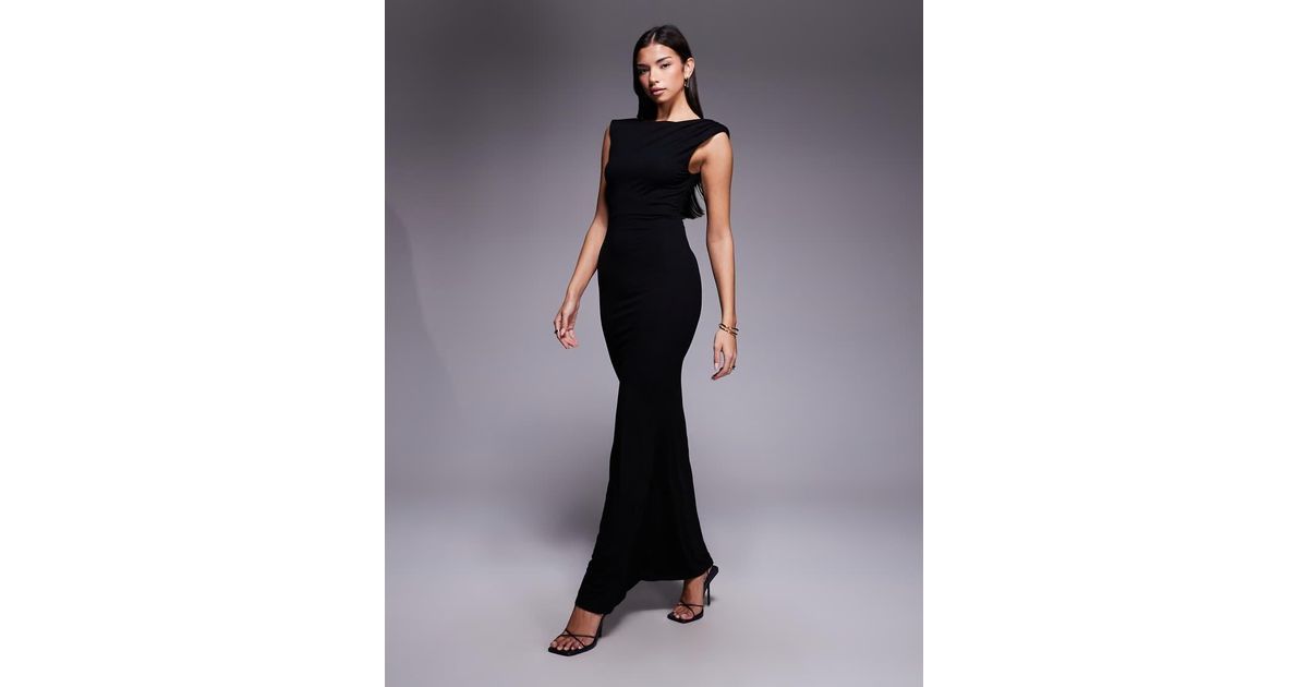 ASOS Slash Neck Shoulder Pad Maxi Dress With Plunge Back in Blue | Lyst UK