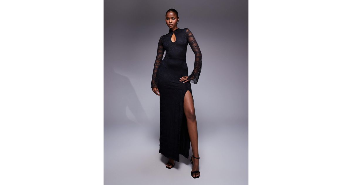 Kaiia Exclusive Lace Keyhole Detail Long Sleeve Side Split Maxi Dress ...