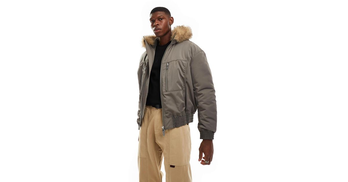 Weekday Padded Bomber Jacket With Faux Fur Hood in Gray for Men | Lyst