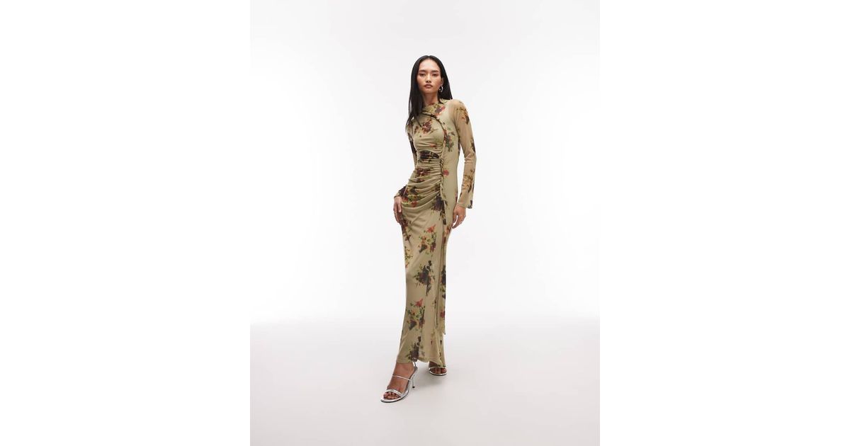 ASOS Printed Mesh Long Sleeve Maxi Dress With Twisted Detailing in ...