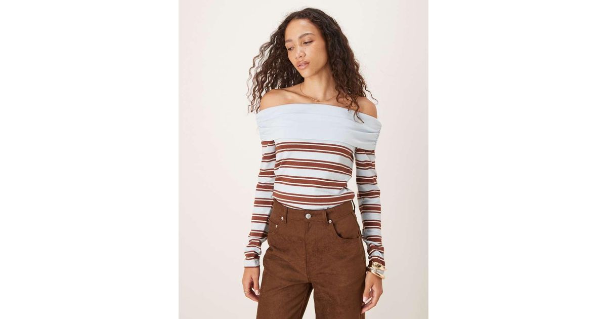 ASOS Textured Stripe Fold Over Off Shoulder Top in Brown | Lyst UK