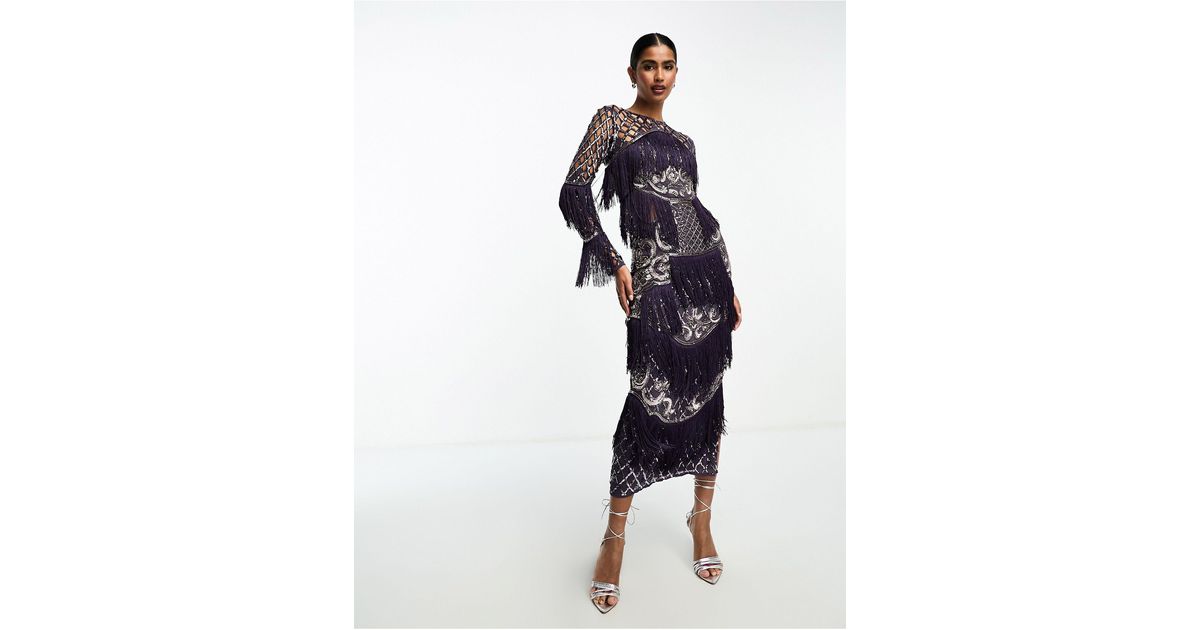 Asos Embellished Lattice Detail Midi Dress With Fringing In Blue Lyst