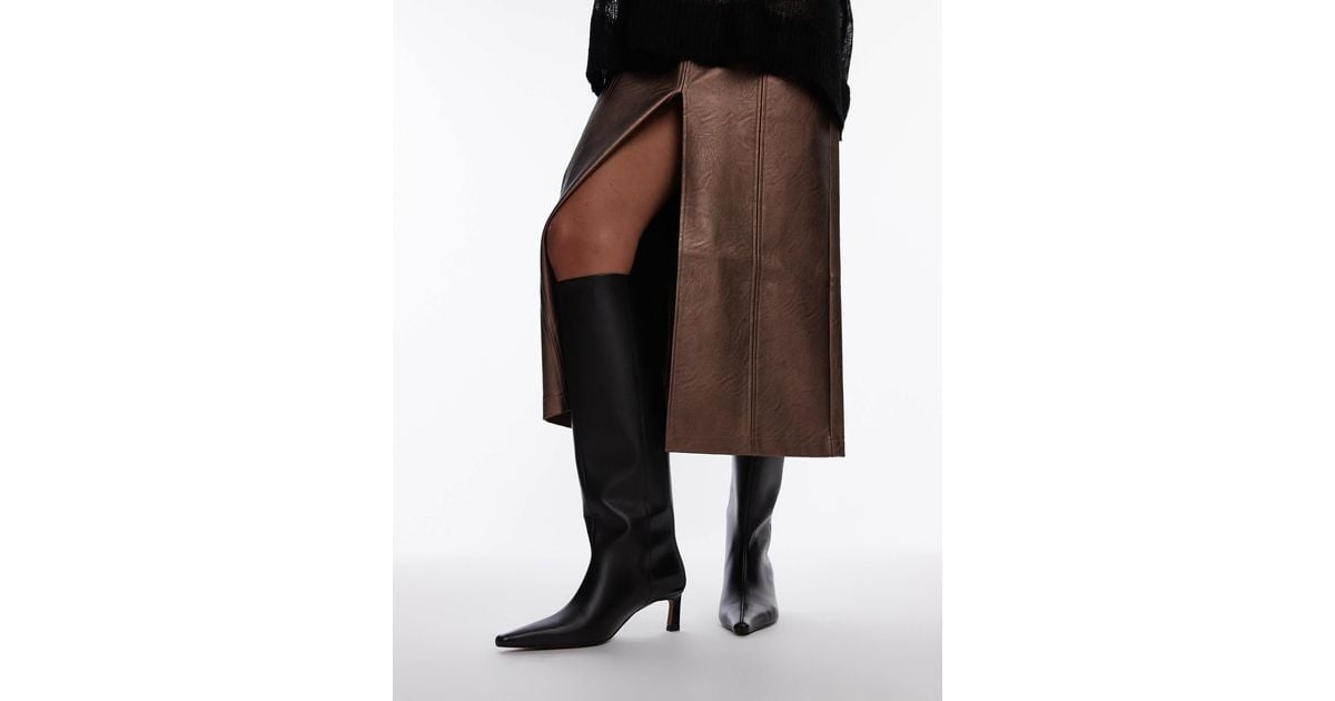 TOPSHOP Taz Premium Leather Knee High Heeled Boots in Black | Lyst