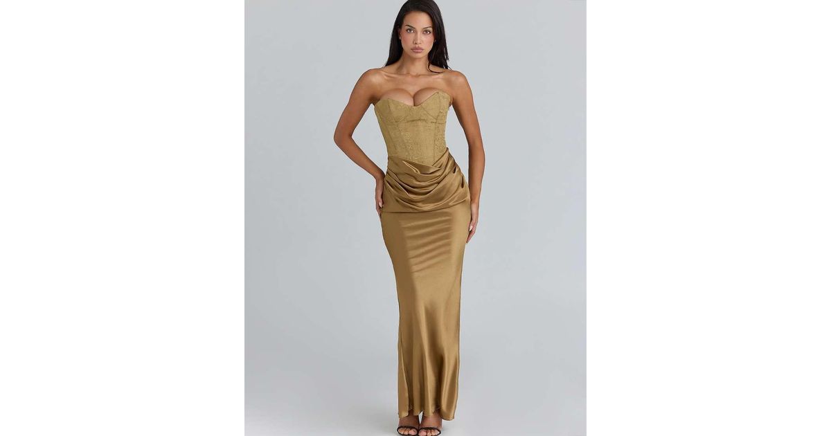 House Of Cb Aurelia Bronze Brocade Satin Corset Maxi Dress in Metallic ...