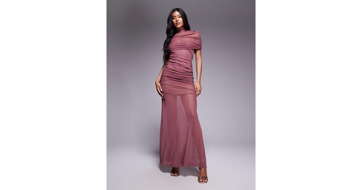 ASOS Mesh Highneck Overlay Maxi Dress With Sheer Shirt in Purple | Lyst