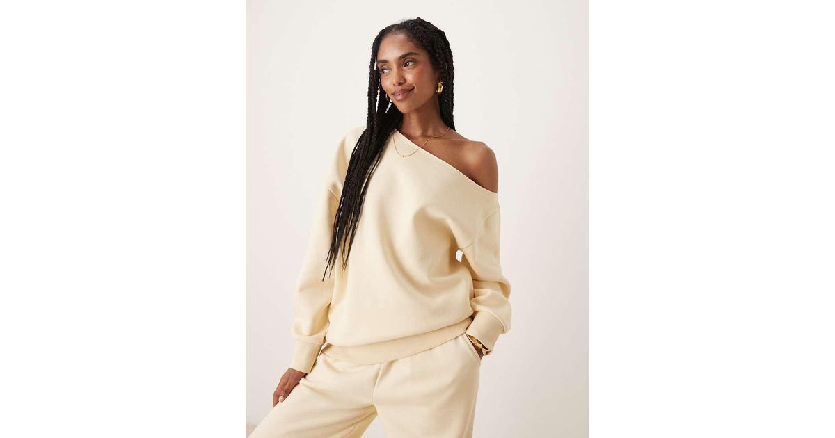 ASOS Off Shoulder Brushback Sweatshirt in Natural | Lyst UK