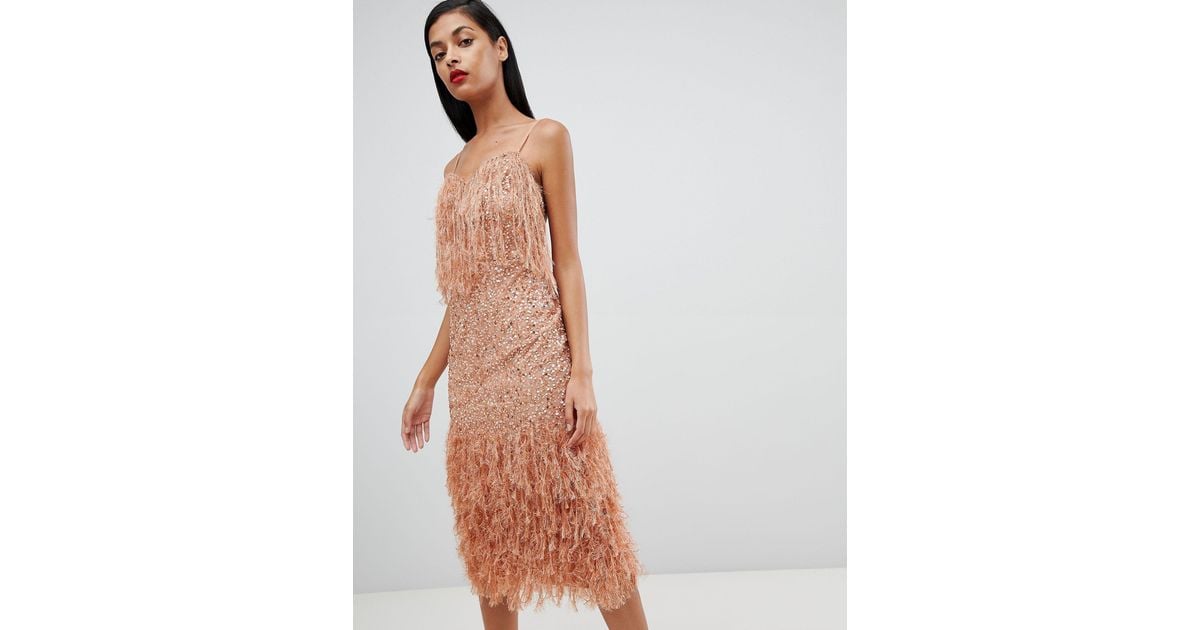 ASOS Faux Feather Trim Sequin Midi Dress in Pink | Lyst
