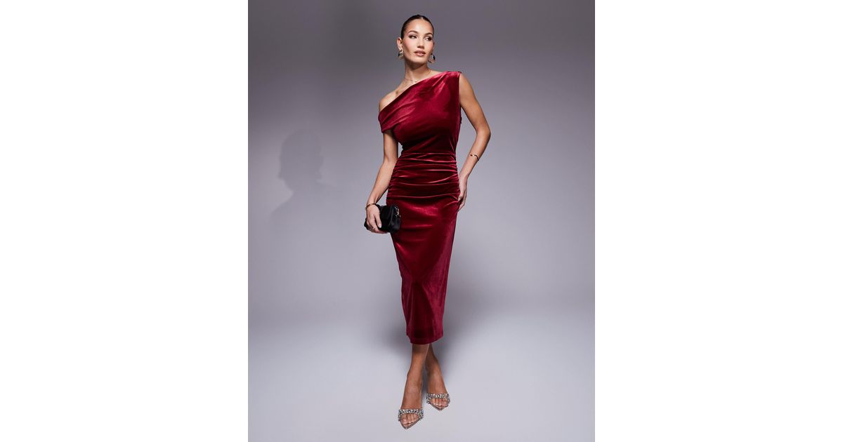 True Violet Velvet Drape Shoulder Midi Dress in Red | Lyst