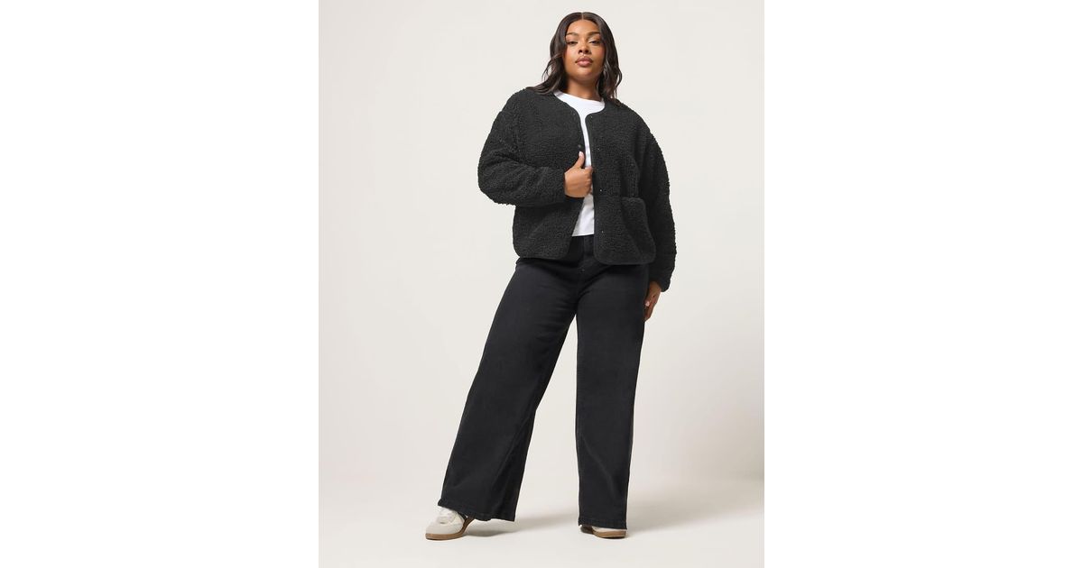 Yours Clothing Collarless Fleece Jacket in Black | Lyst UK