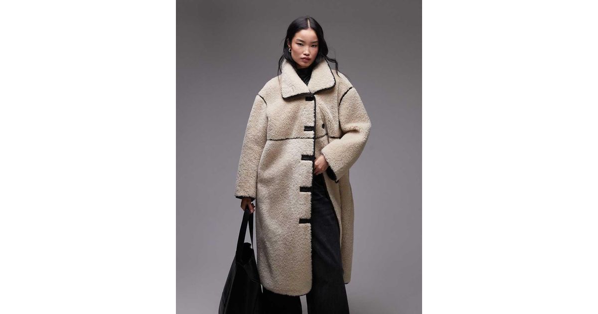 ARKET Oversized Faux Shearling Midi Coat With Brown Contrast Edging in ...