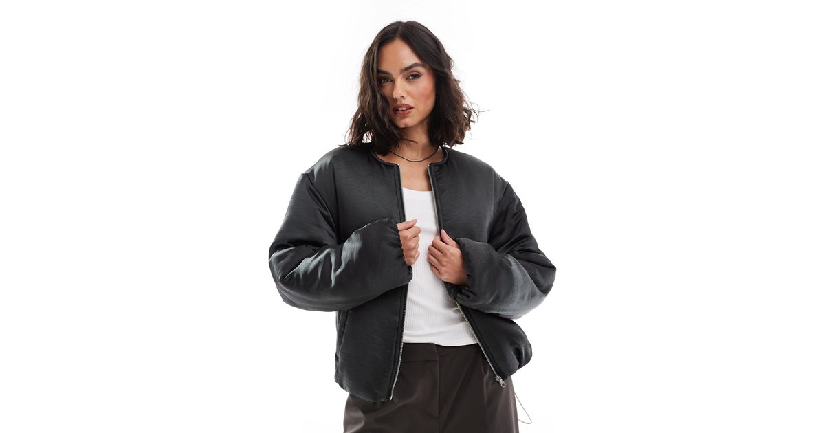 ASOS Satin Puffer Collarless Bomber Jacket in Black | Lyst