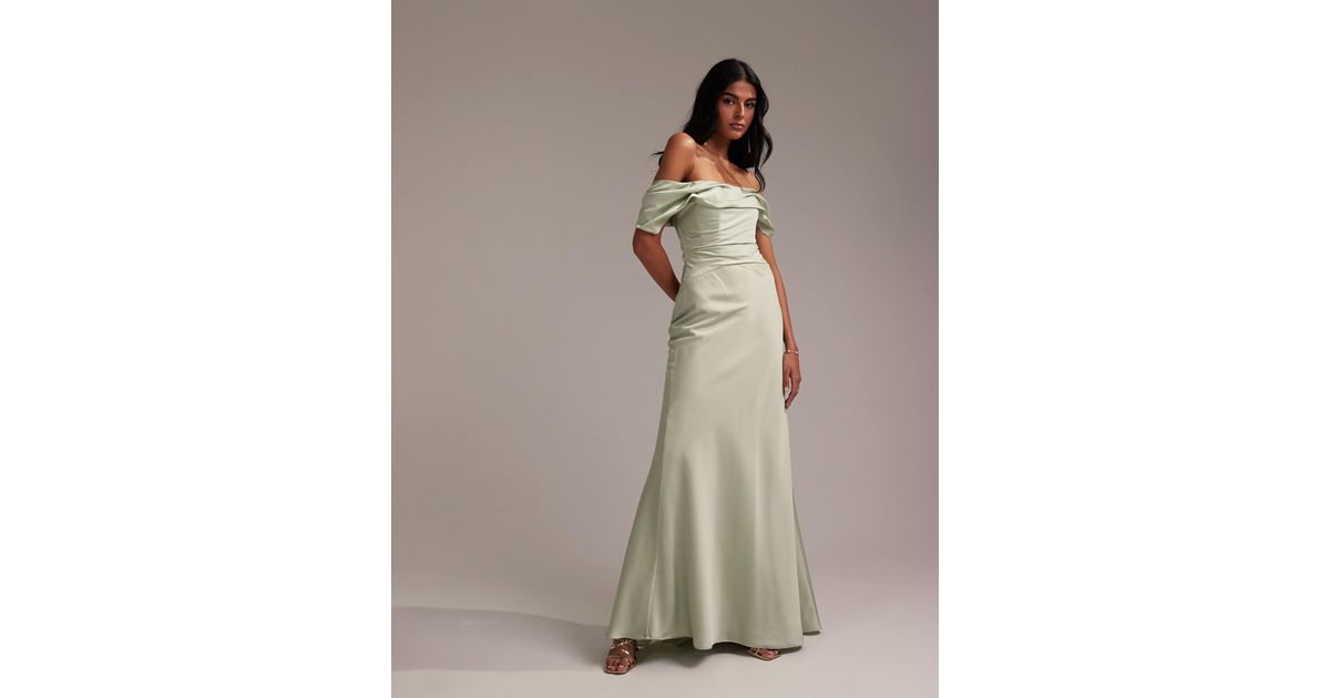 ASOS Bridesmaids Bardot Satin Maxi Dress in Gray | Lyst