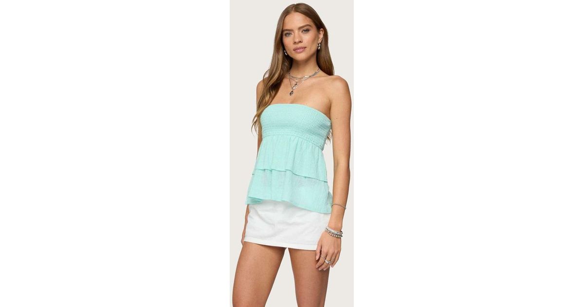 Edikted Harleigh Ruffled Linen Look Tube Top in Blue | Lyst UK