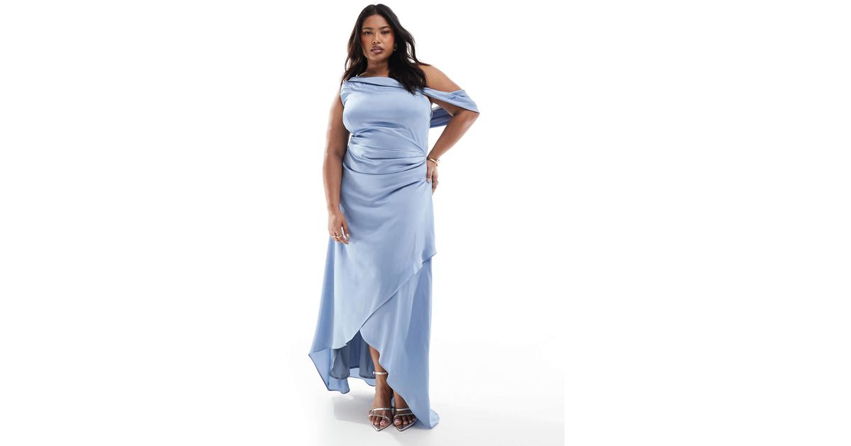 Tfnc Plus Bridesmaid Satin Fallen Shoulder Maxi Dress With Wrap Skirt in Blue | Lyst