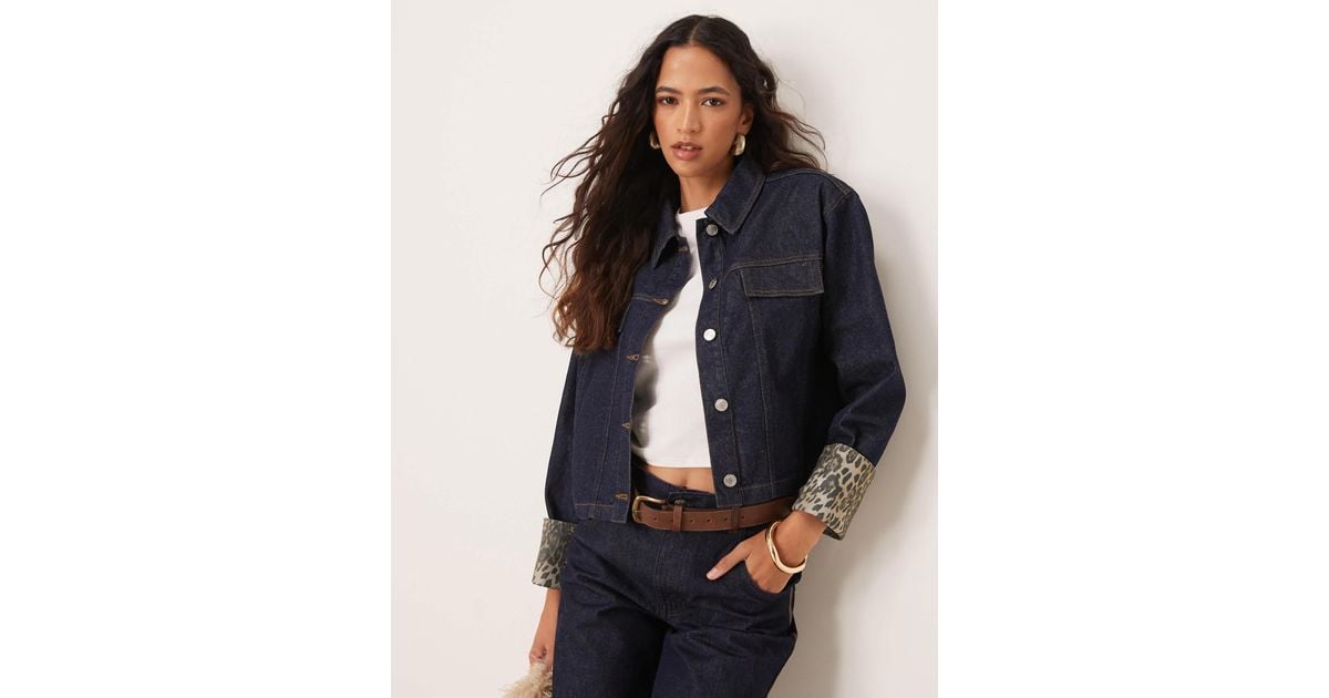 ASOS Denim Jacket With Leopard Print Turn Up Cuffs in Blue | Lyst