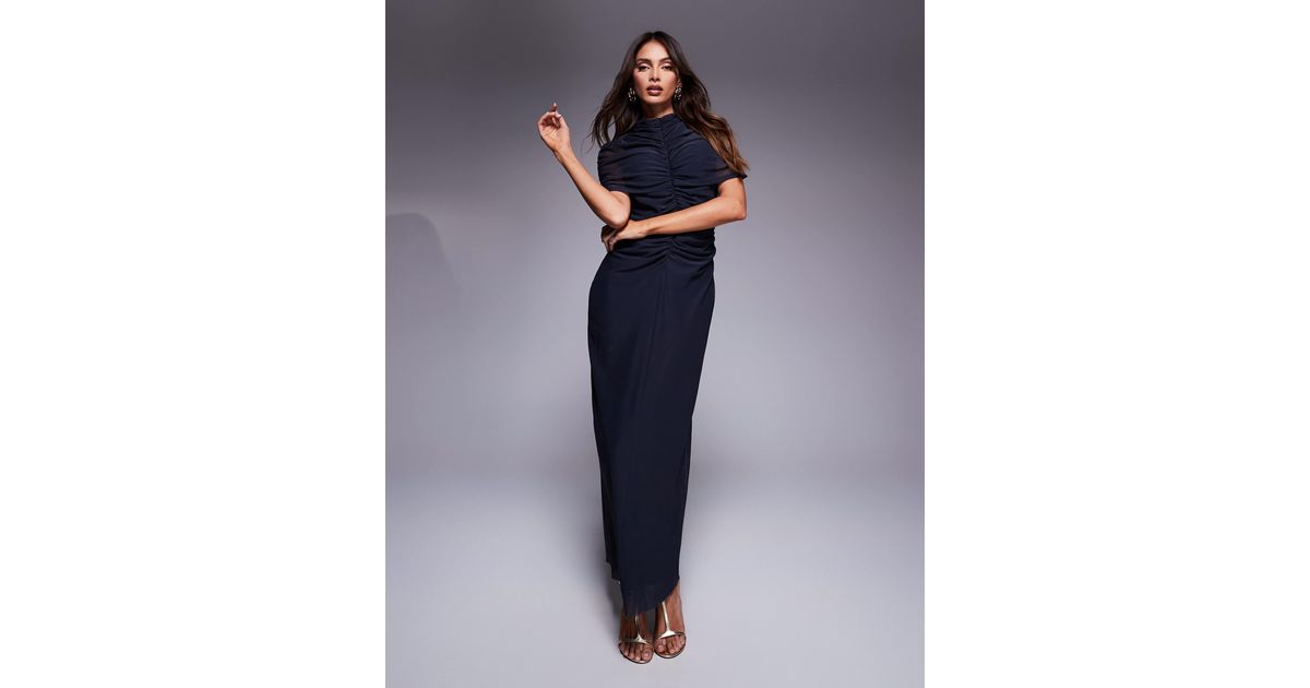 ASOS Double Layer Mesh High Neck Maxi Dress With Sheer Panel in Blue | Lyst