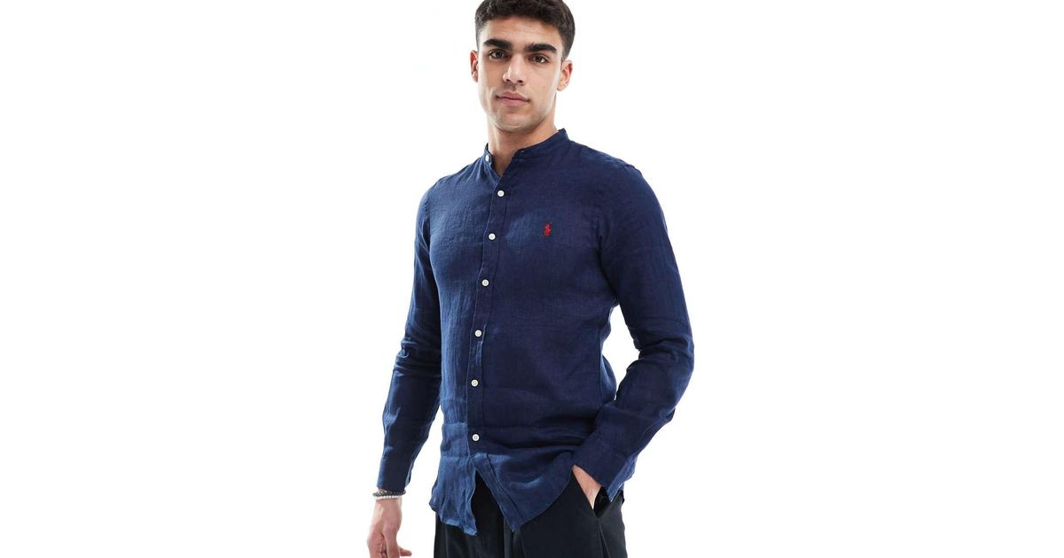 Polo Ralph Lauren Icon Logo Slim Fit Grandad Collar Linen Shirt in Blue for Men | Lyst UK