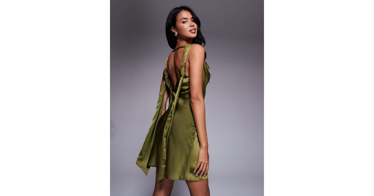 ASOS Satin Drape Neckline Mini Dress With Long Tie Back Detail And Slit ...