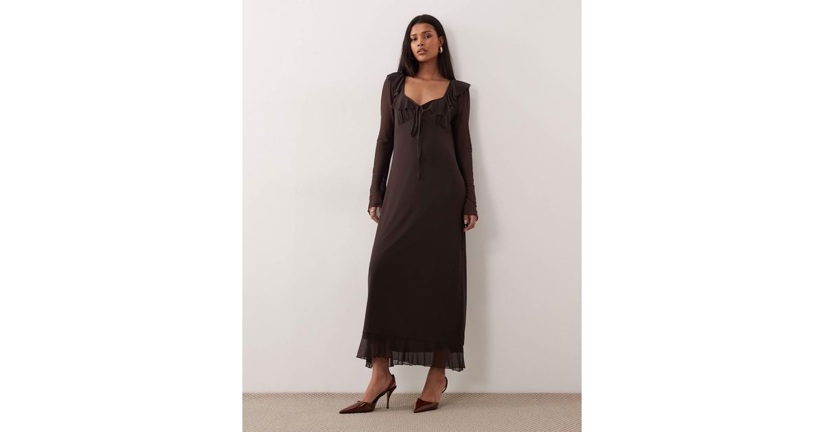 ASOS Frill Neckline Mesh Long Sleeve Midi Dress in Brown | Lyst