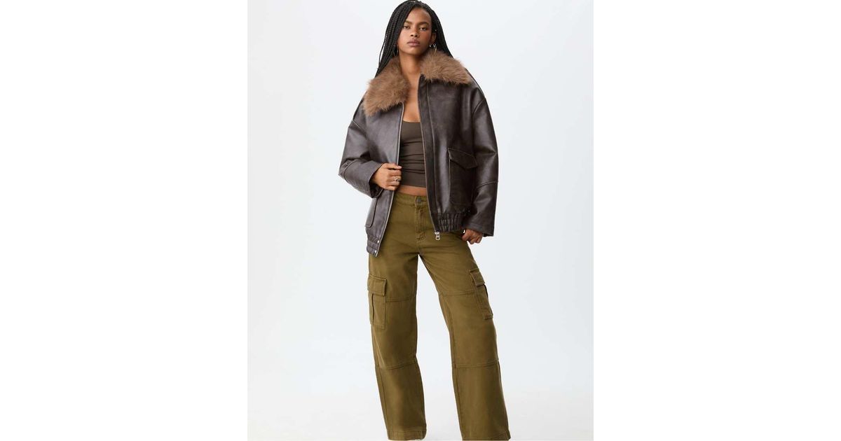 Stradivarius Oversize Contrast Leather Effect Jacket in Brown | Lyst UK