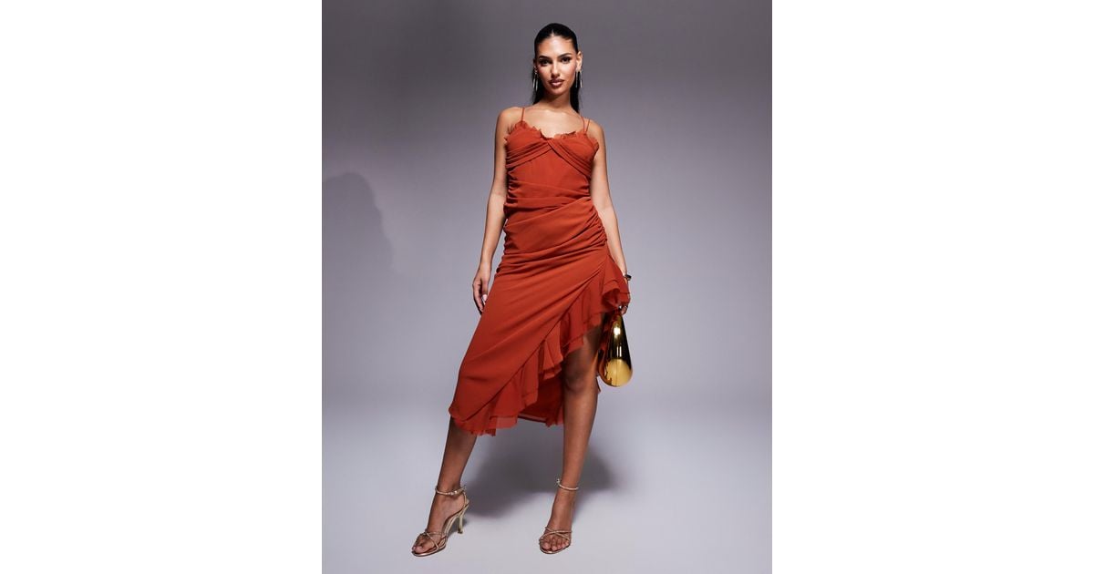 ASOS Draped Crinkle Maxi Dress With Ruffles And Strappy Details in Red ...